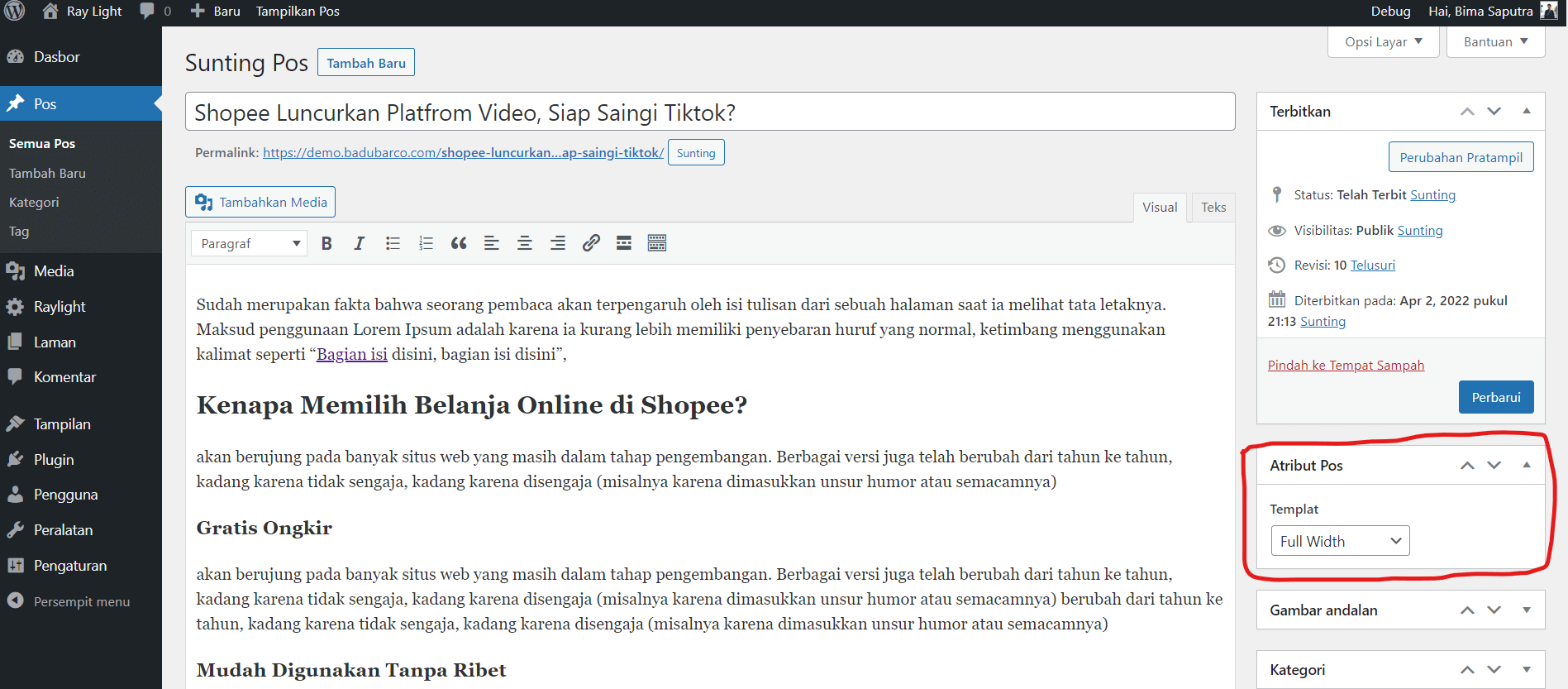 Cara Atur Full Width Layout Theme Raylight – Digitalkit Documentation