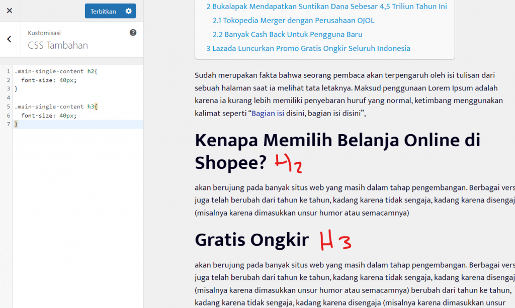 Cara Custom Ukuran H1, H2, H3, H4, H5, Halaman Artikel Tema Raylight ...